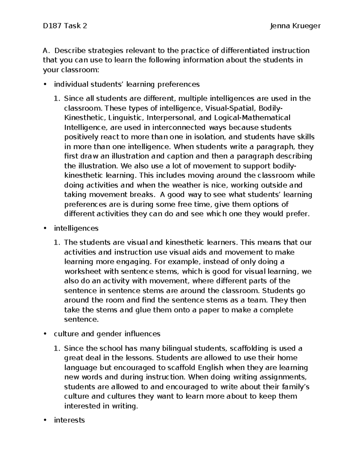 D187 Task 2: Strategies for Differentiated Instruction in ELA - Studocu