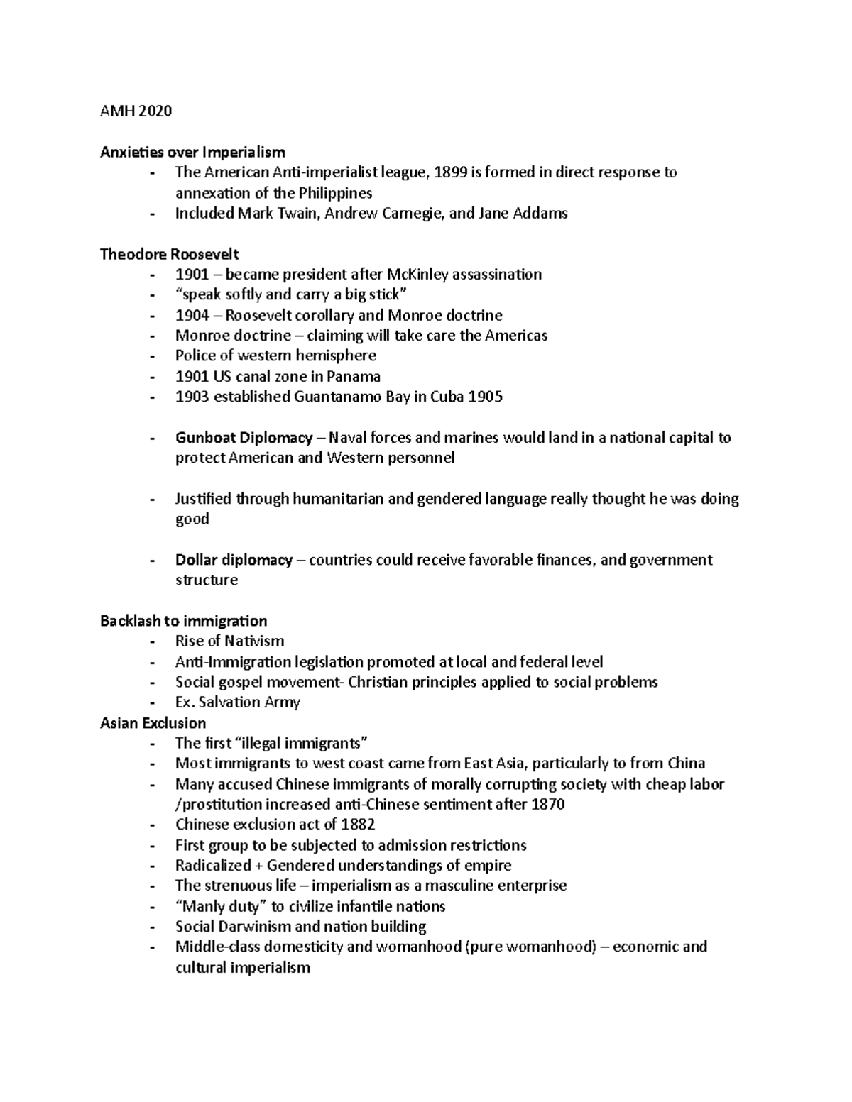 AMH 2020 Notes Thursday Feb 9th - AMH 2020 Anxieties over Imperialism ...