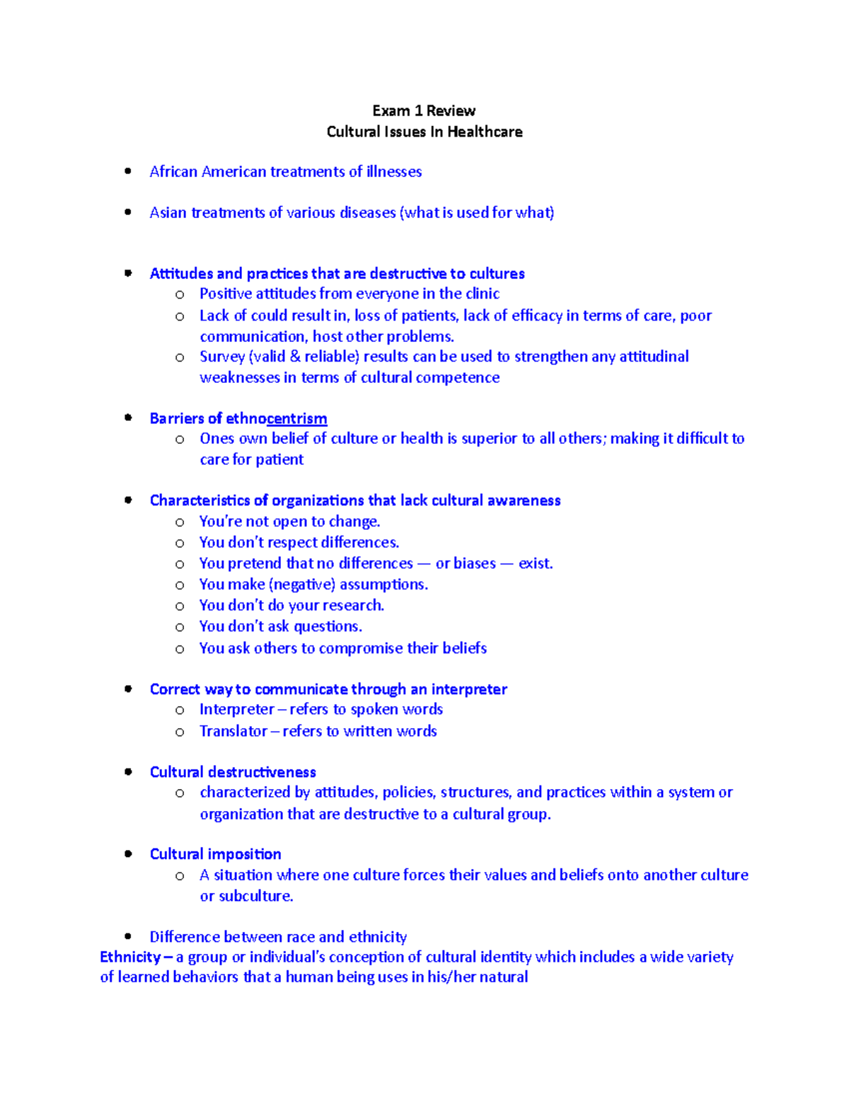 REHS EXAM 1 Review: Cultural Competence in Healthcare Practices - Studocu