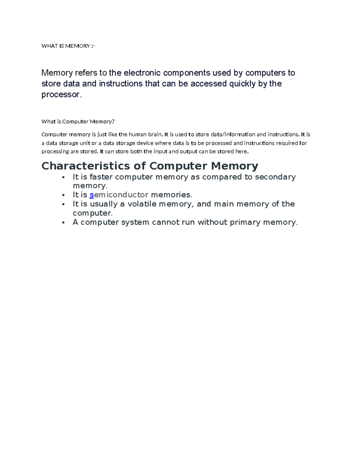 COMP101: Understanding Computer Memory Basics and Characteristics - Studocu