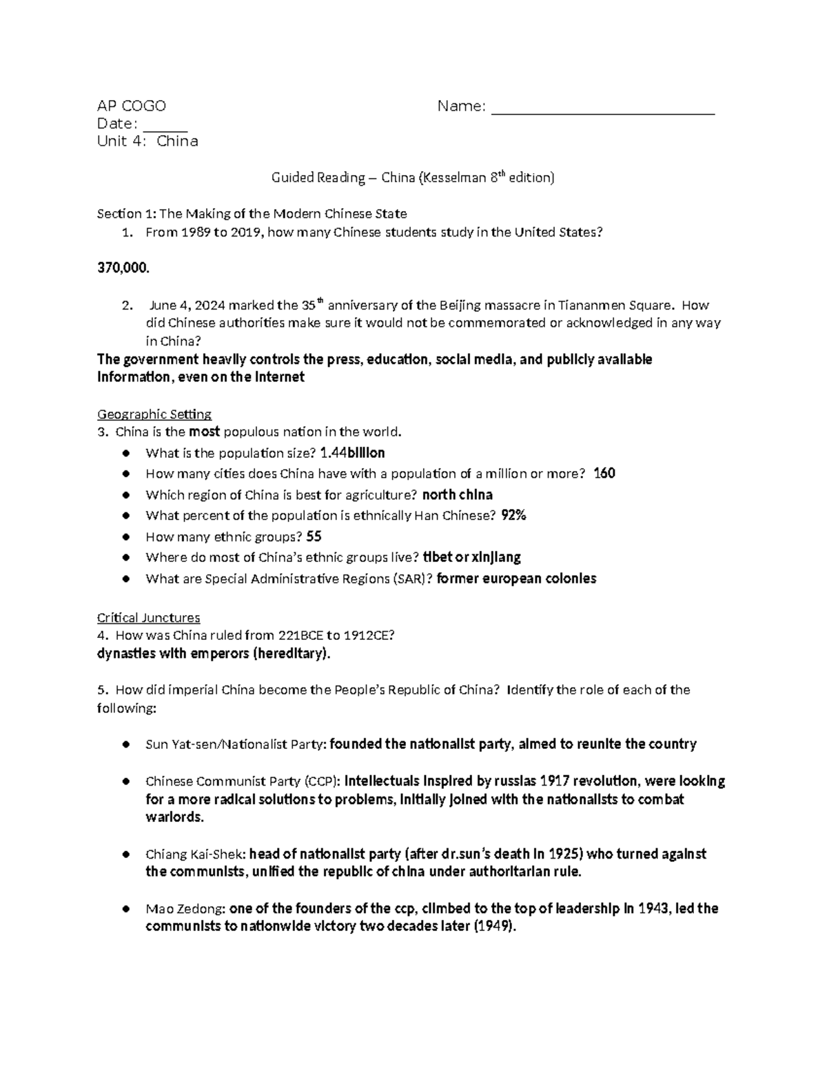 AP COGO Unit 4: Guided Reading on Modern China (Kesselman 8th Ed ...