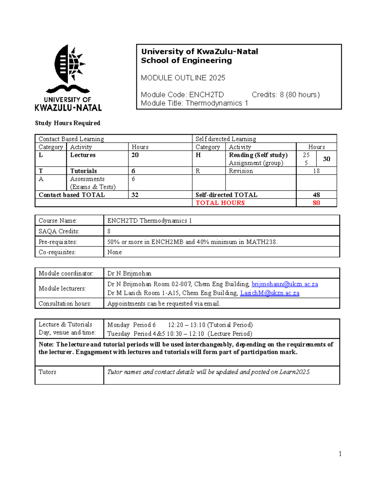 ENCH2TD 2025 Thermodynamics 1 Module Outline and Schedule - Studocu