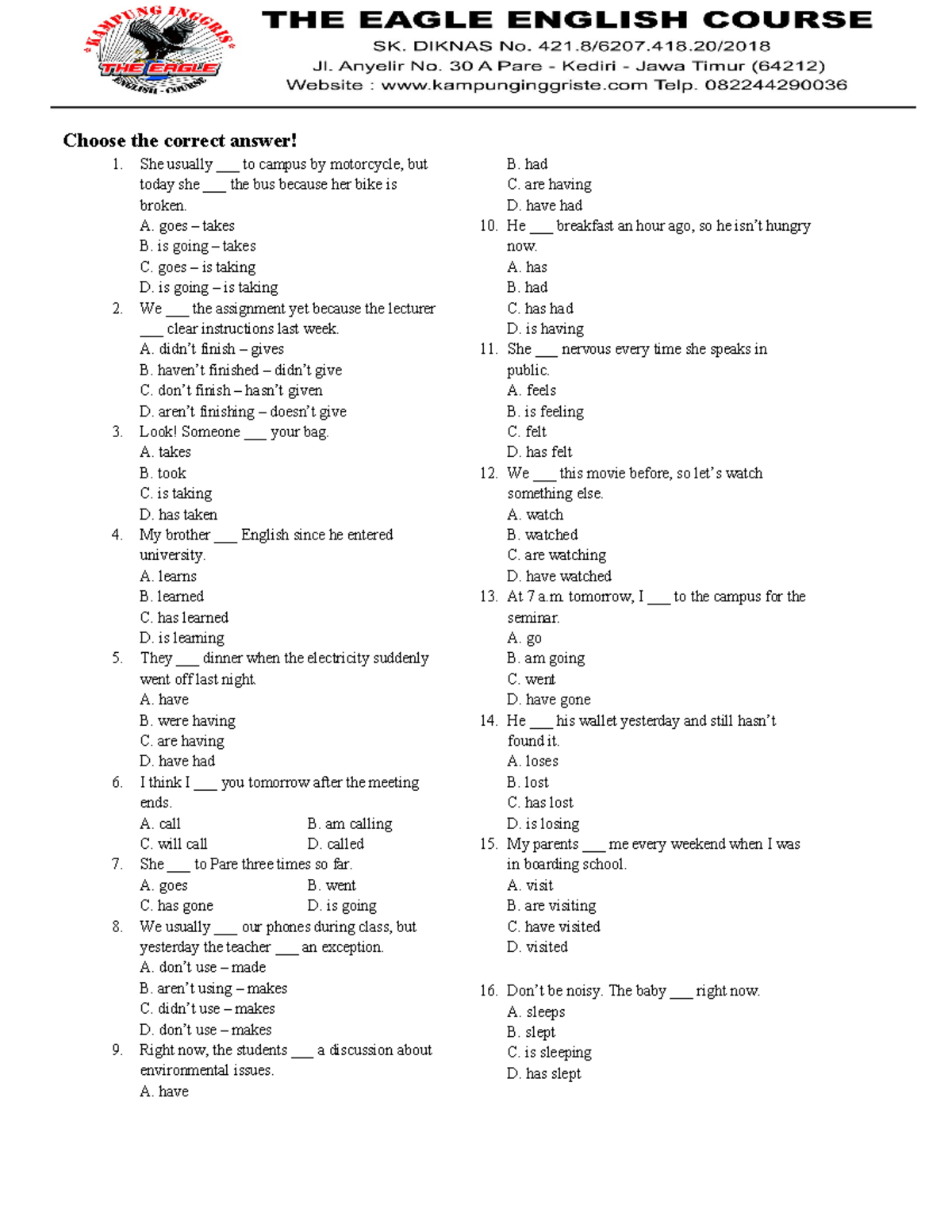 Grammar Test: 40 Questions for English Course Code - Studocu