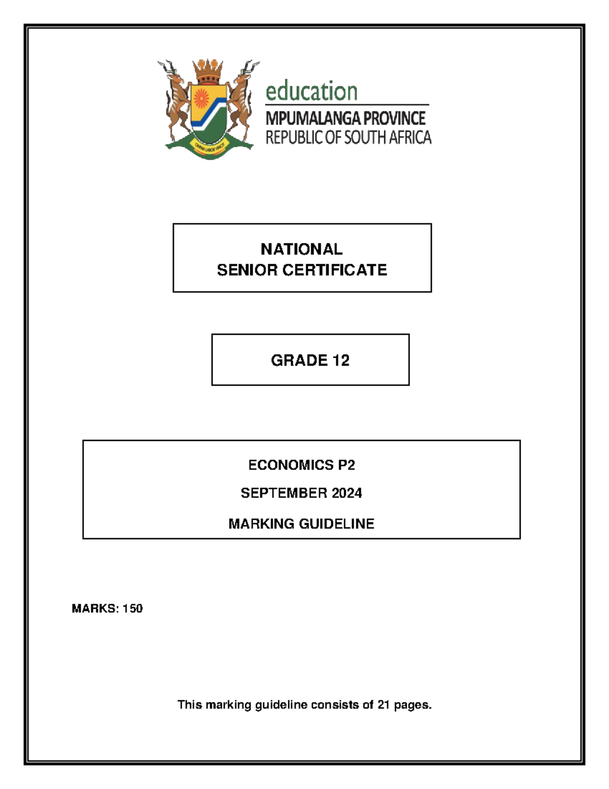 Economics P2: Grade 12 NSC September 2024 Marking Guideline - Studocu