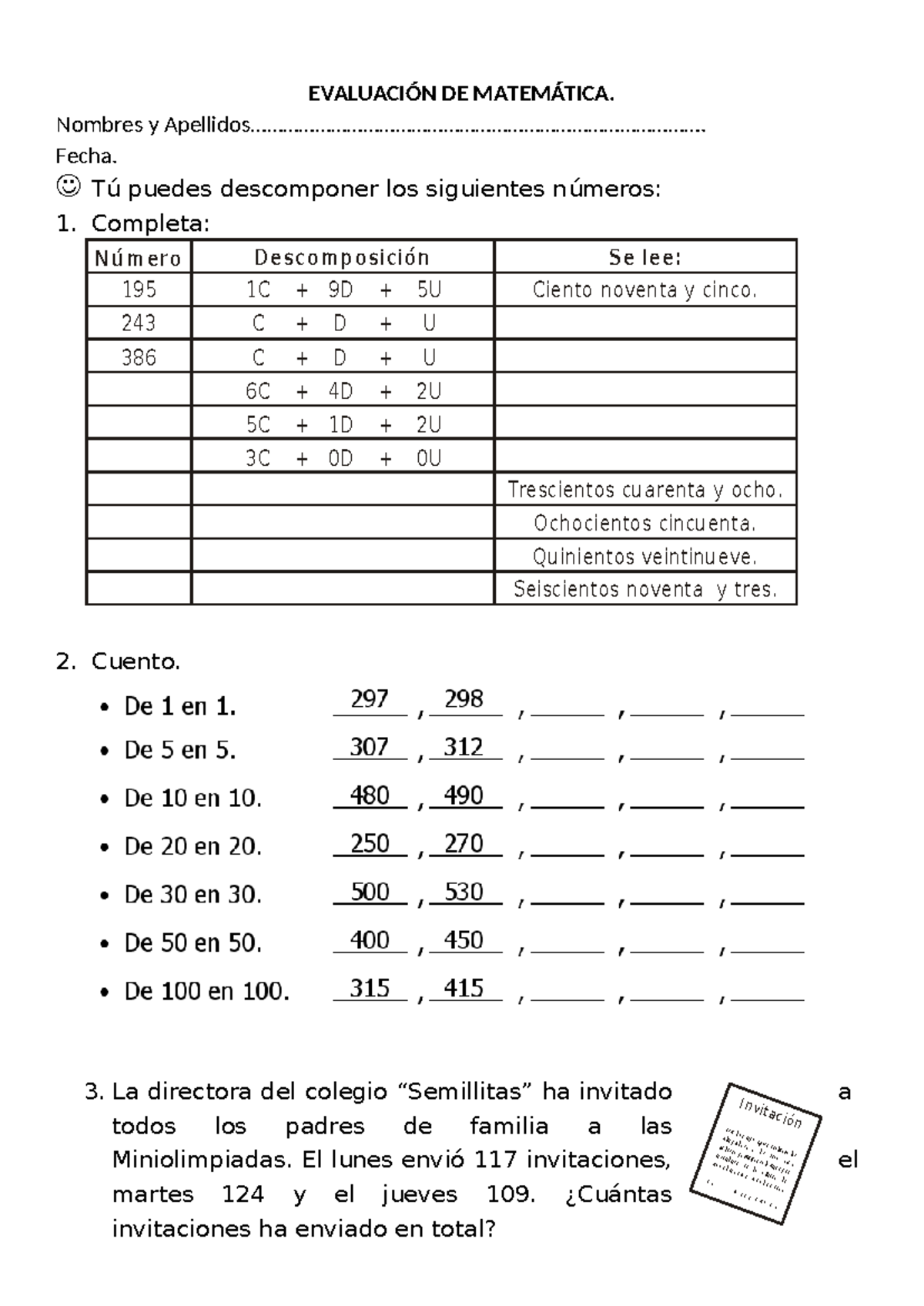Evaluacion matemática segundo grado - EVALUACIÓN DE MATEMÁTICA. Nombres ...