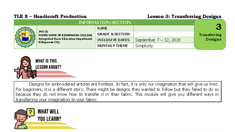 TLE 8 Handicraft Production Lesson 3: Transferring Designs Module - Studocu