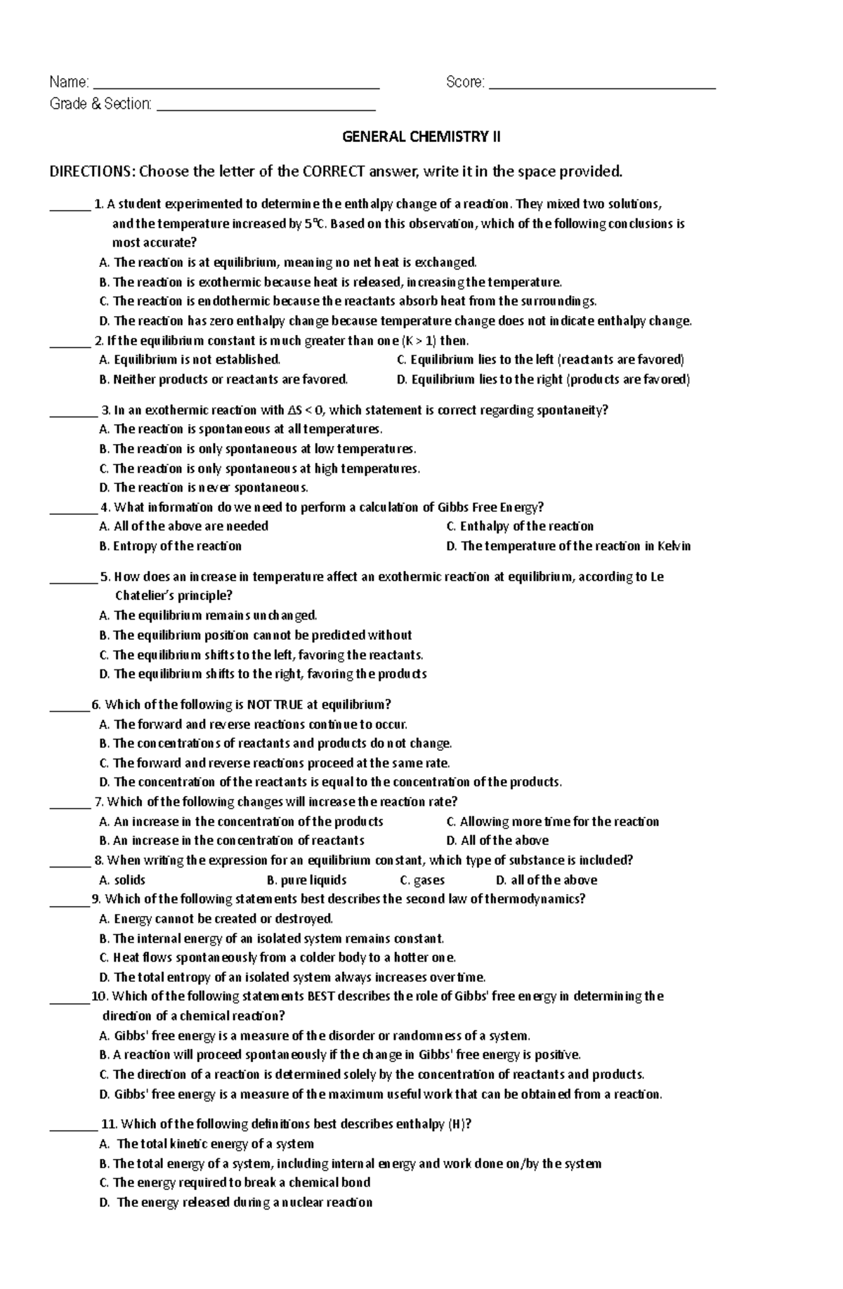 GENERAL CHEMISTRY II: 4th Q Unit Test Review Questions - Studocu