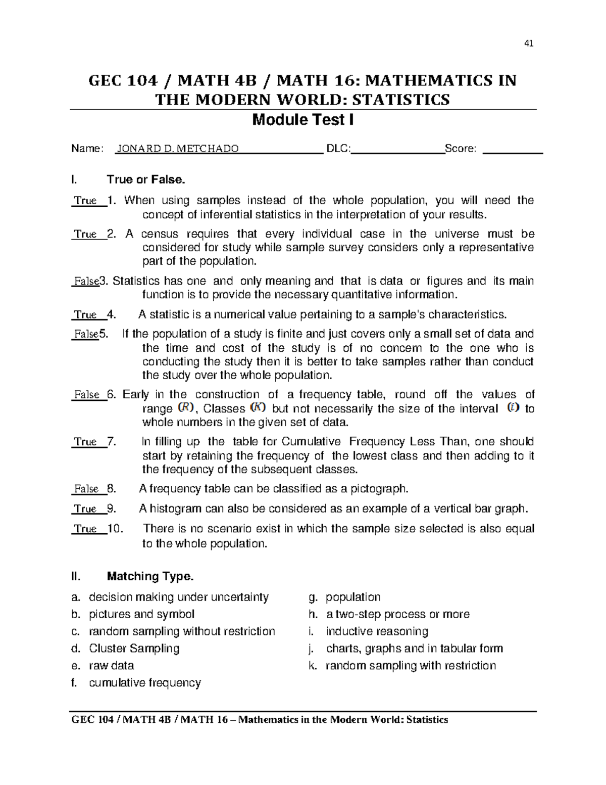Module I-answer - GEC 104 / MATH 4B / MATH 16: MATHEMATICS IN THE ...
