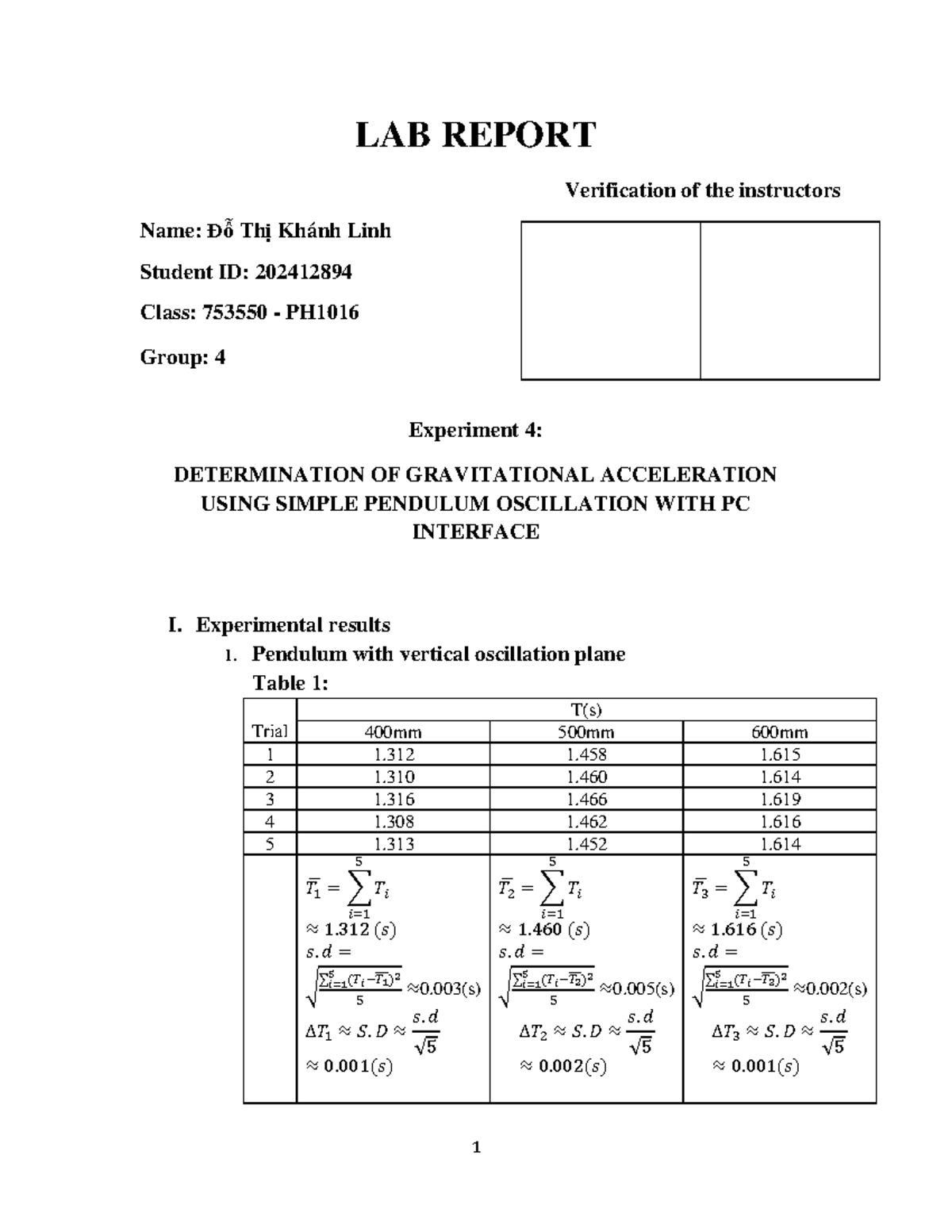 Lab Report PH1016: Determining Gravitational Acceleration via Pendulum - Studocu