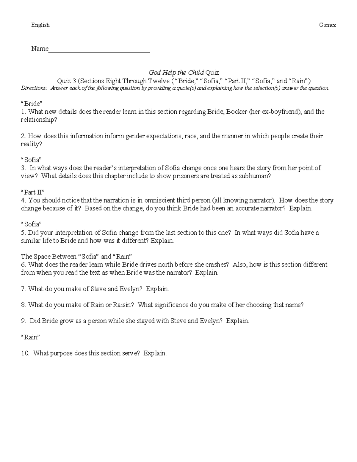 God Help the Child Quiz 3: Analysis of Sections 8-12 - Studocu