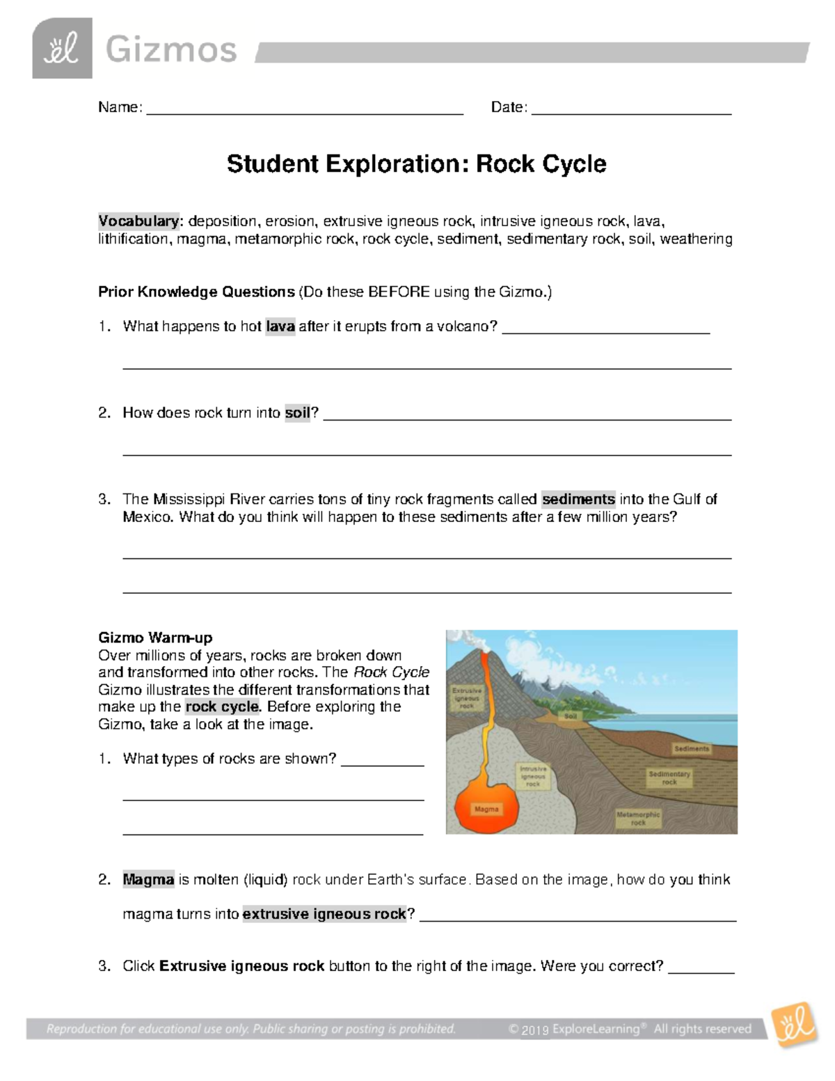 Rock Cycle Exploration SE: Vocabulary & Gizmo Activity Guide - Studocu
