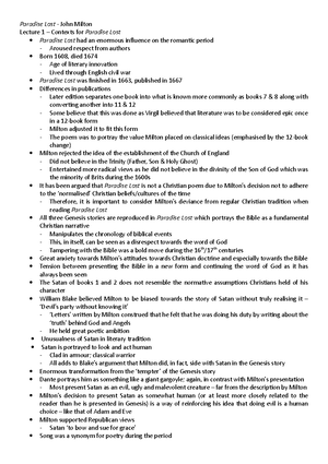 Paradise Lost (Book IX) - Character Analysis and Key Quotes - Studocu