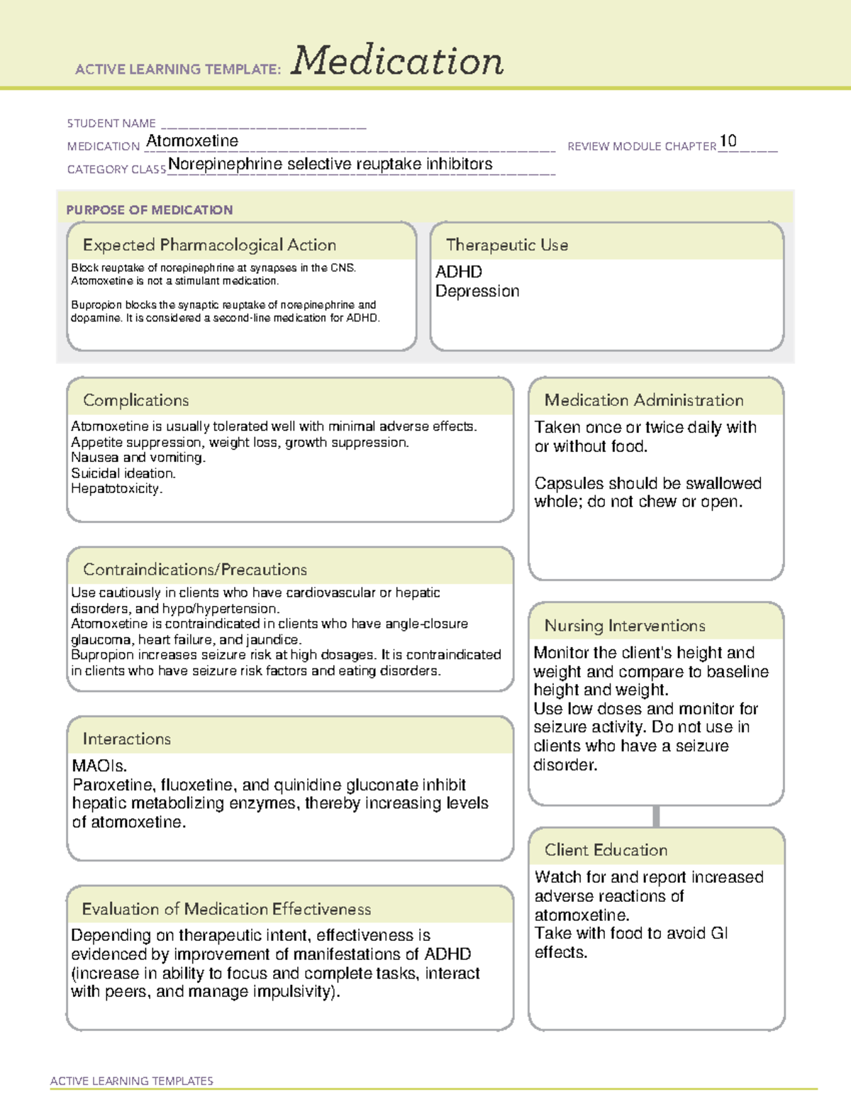 ATI MEDication atom - ACTIVE LEARNING TEMPLATES Medication STUDENT NAME ...