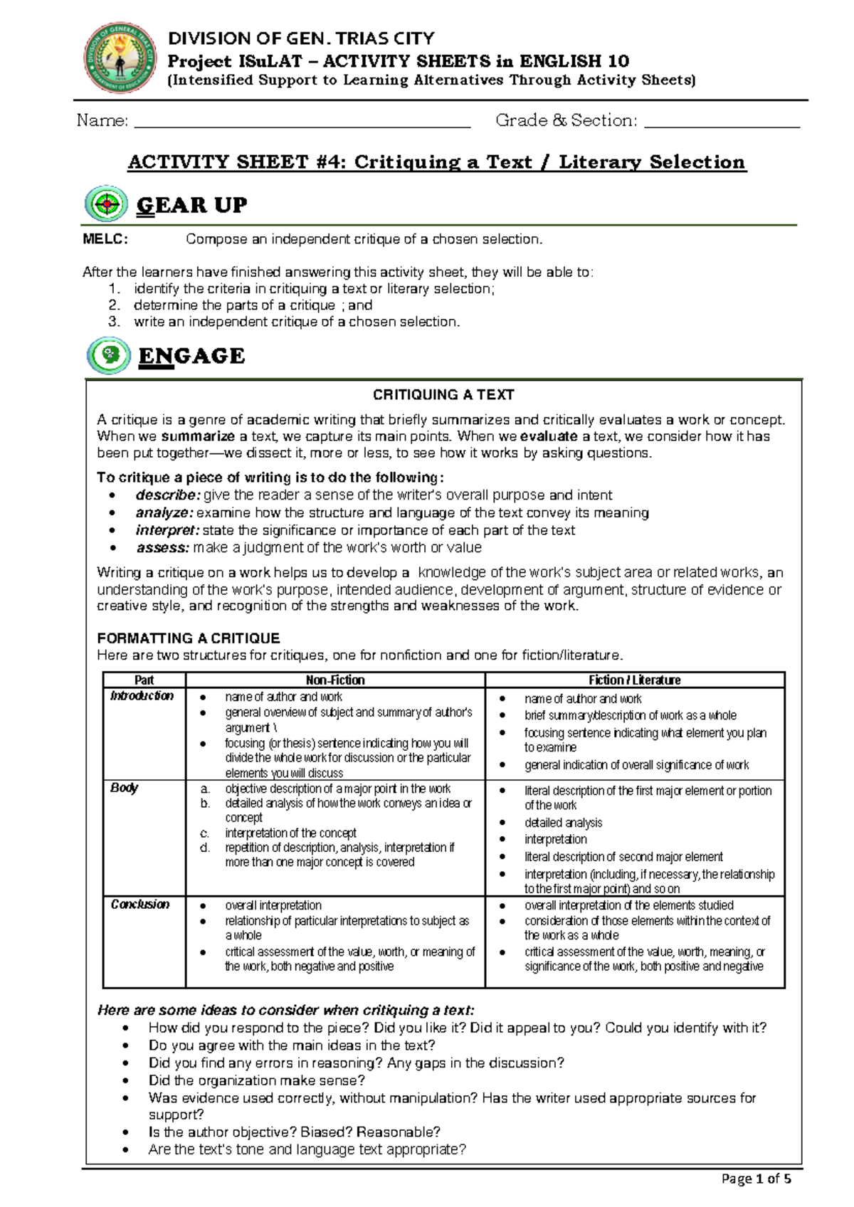 English 10 AS#4 Critiquing a Literary Text: Activity Sheet Guide - Studocu