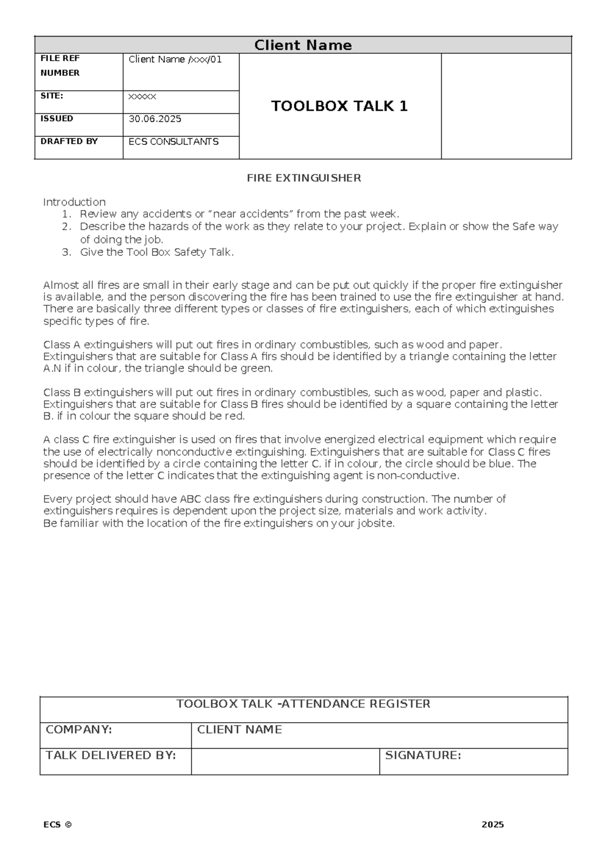 ECS Toolbox Talk: Fire Extinguishers Safety Guidelines - Studocu