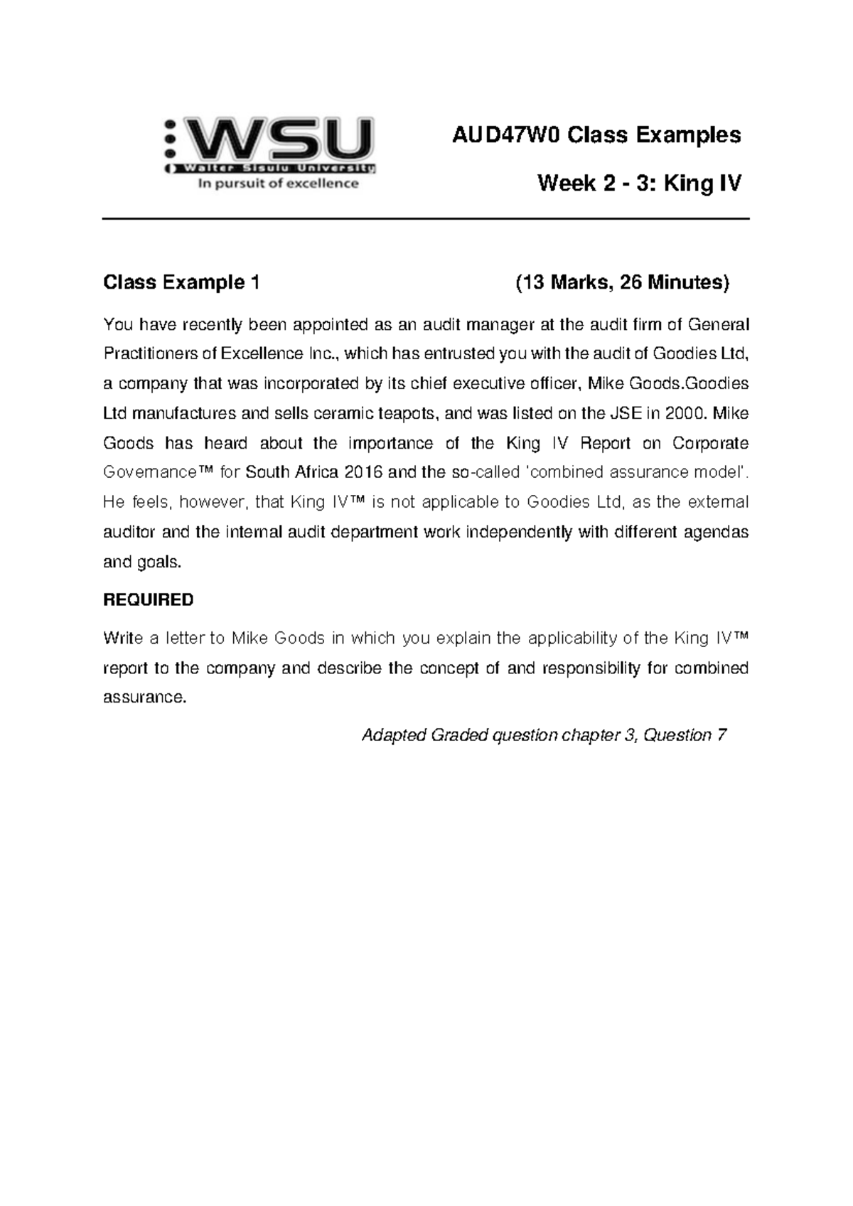 AUD47W0 Week 2 & 3 Class Examples: King IV Applicability & Governance ...