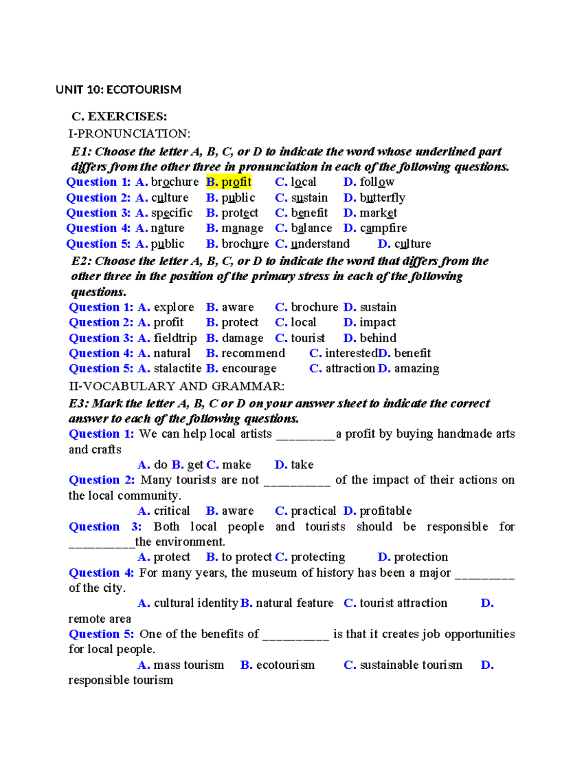 UNIT 10: ECOTOURISM - Exercises and Grammar Review for Exam - Studocu