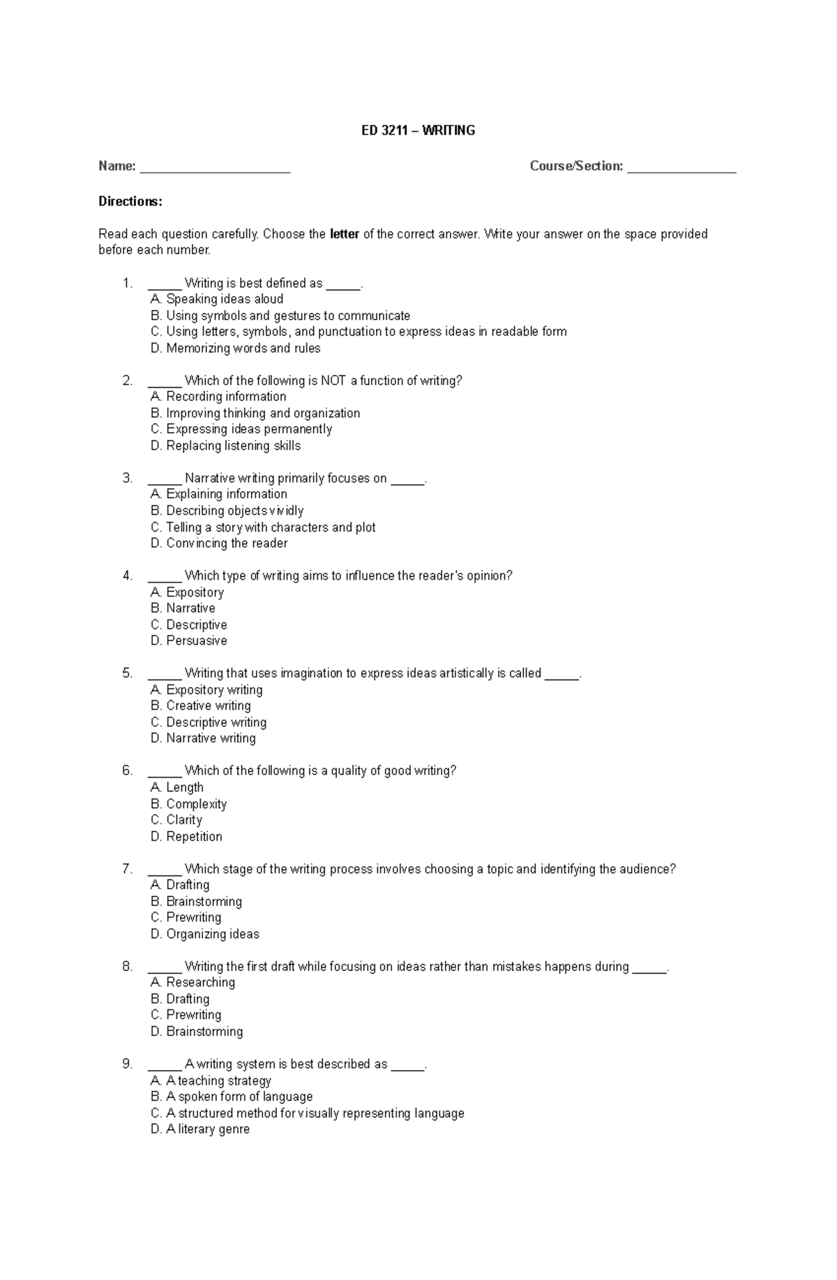 ED 3211 Writing Assessment Quiz: Key Concepts and Definitions - Studocu