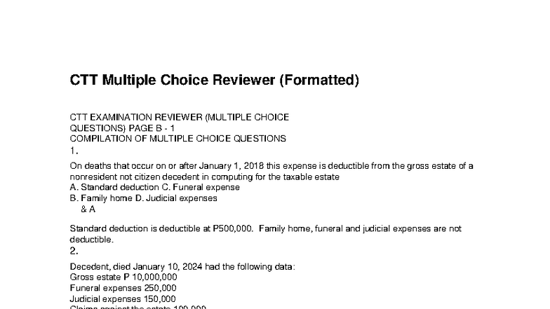 CTT EXAMINATION REVIEWER: Multiple Choice Questions Compilation - Studocu