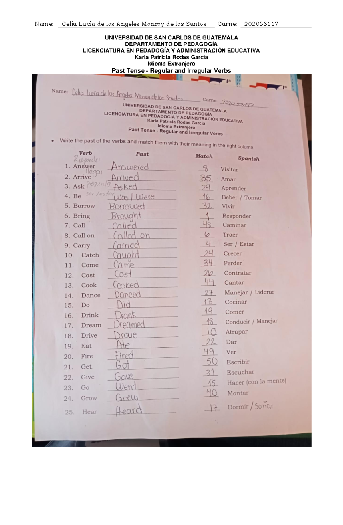 B1 - Lab 1 - Part A Regular and Irregular Verbs match and past - Idioma español - Name: Celia ...