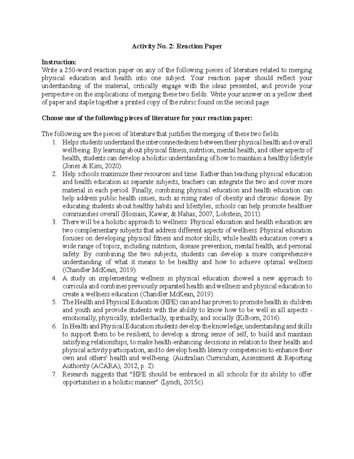 Activity No. 2 [PEd 313C] - Activity No. 2: Reaction Paper Instruction ...