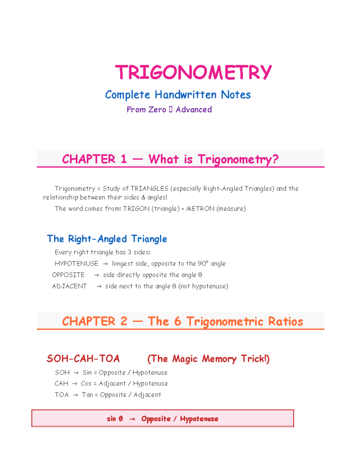 TRIG 101: Comprehensive Handwritten Notes on Trigonometry Concepts ...