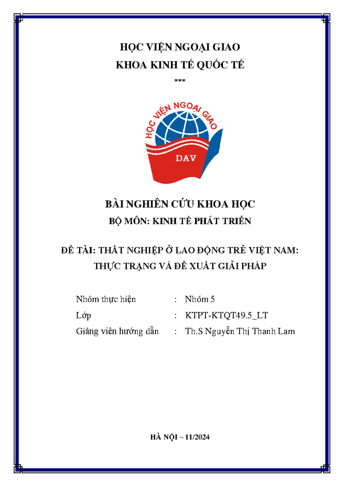 KTPT - Thực trạng và Giải pháp Thất Nghiệp Lao Động Trẻ Việt Nam - Studocu