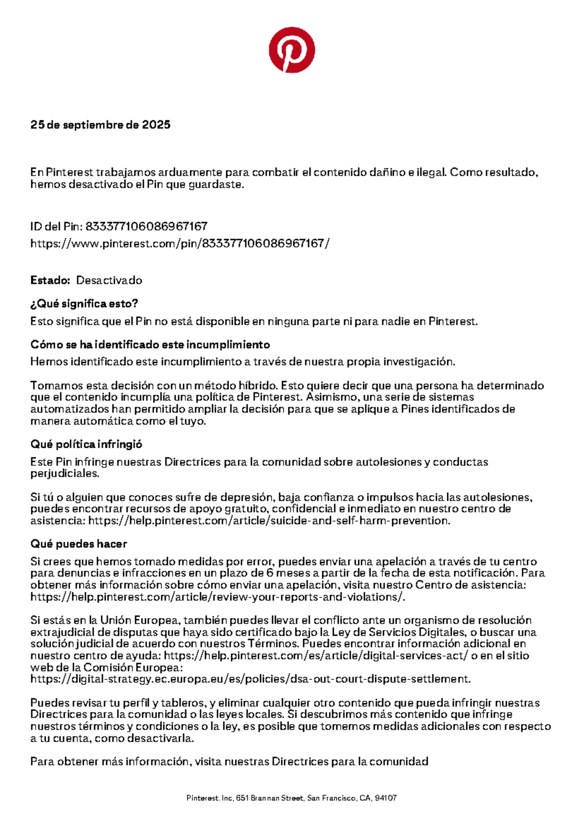 Informe de Razones sobre la Desactivación del Pin en Pinterest - Studocu