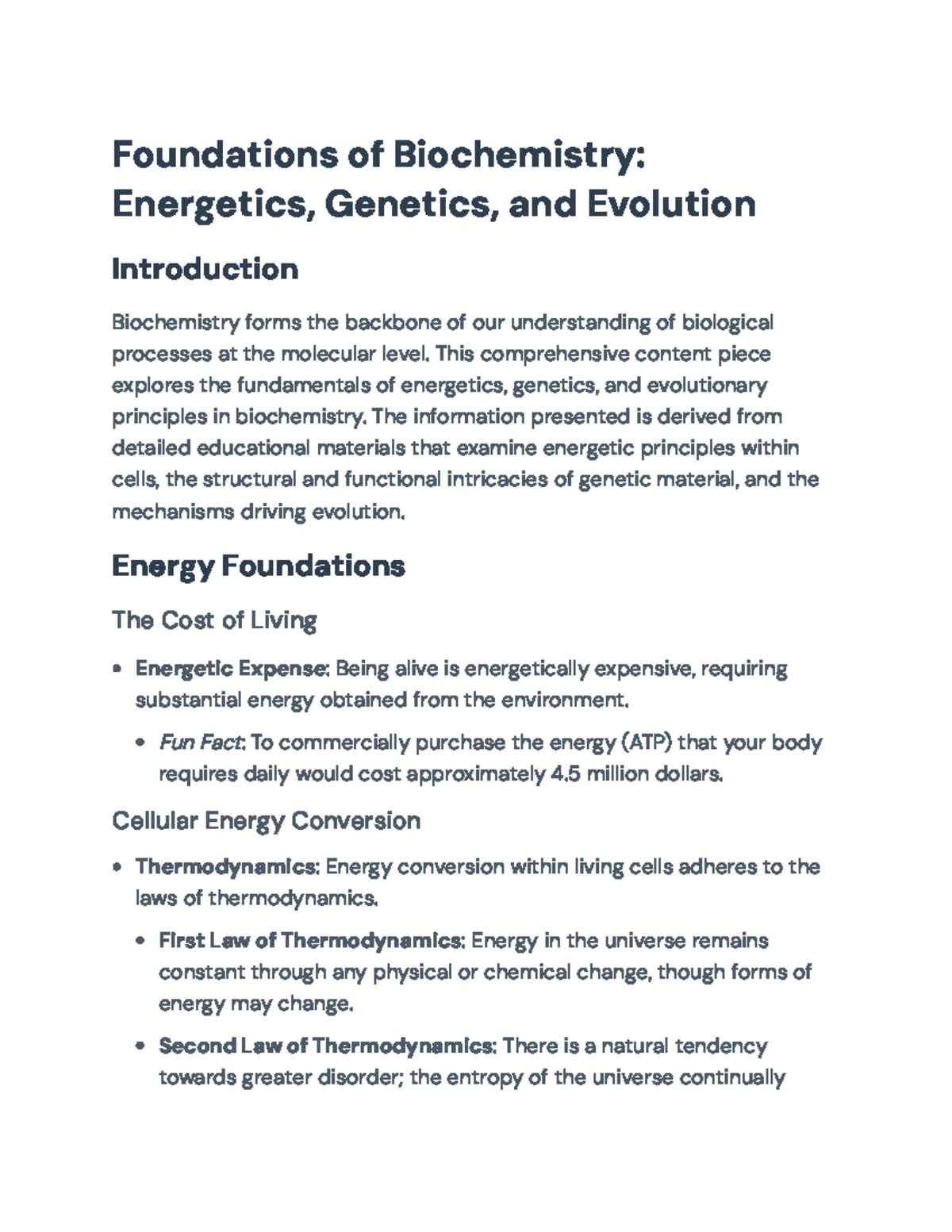 Foundations of Biochemistry: Energetics, Genetics & Evolution Concepts ...