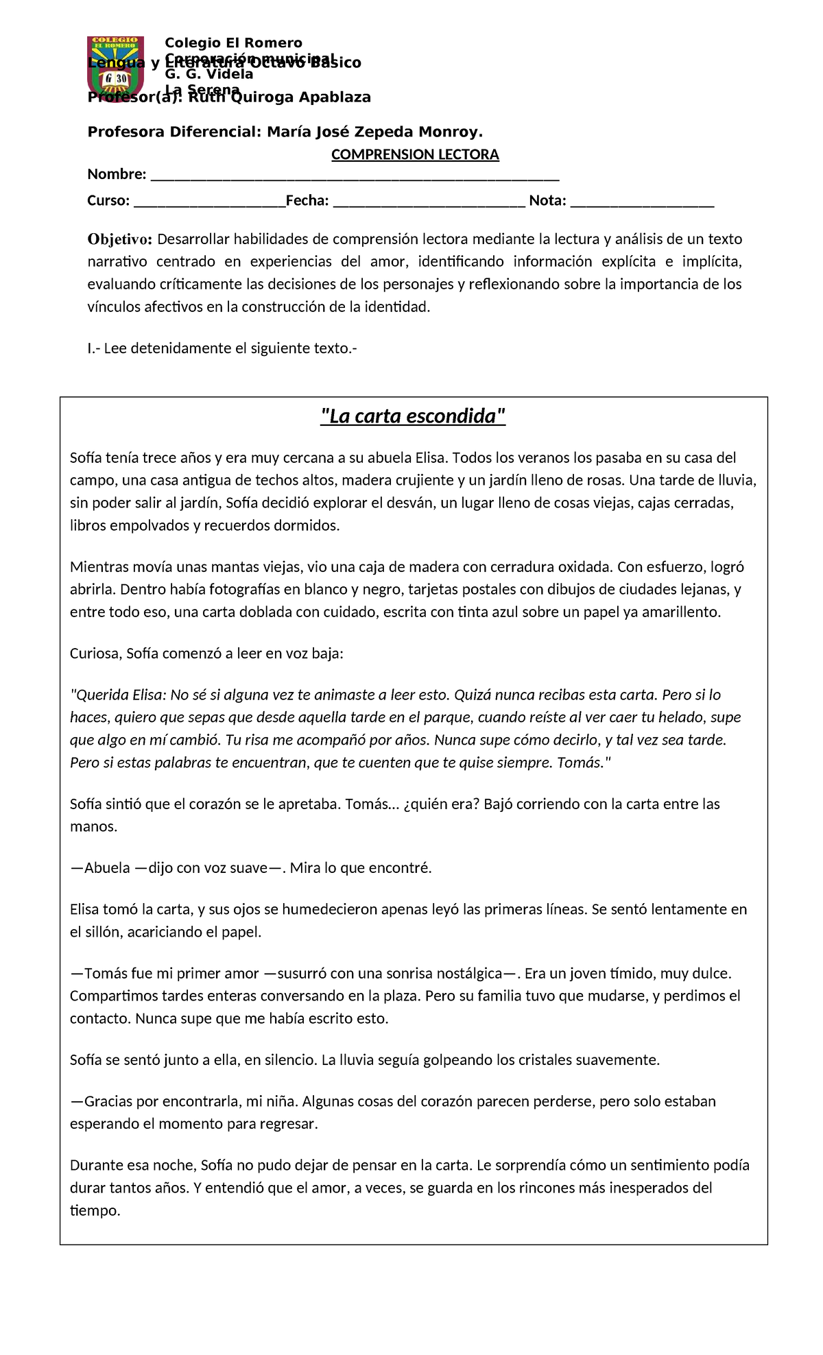 Comprensión Lectora: La Carta Escondida - Octavo Básico G. G. Videla ...