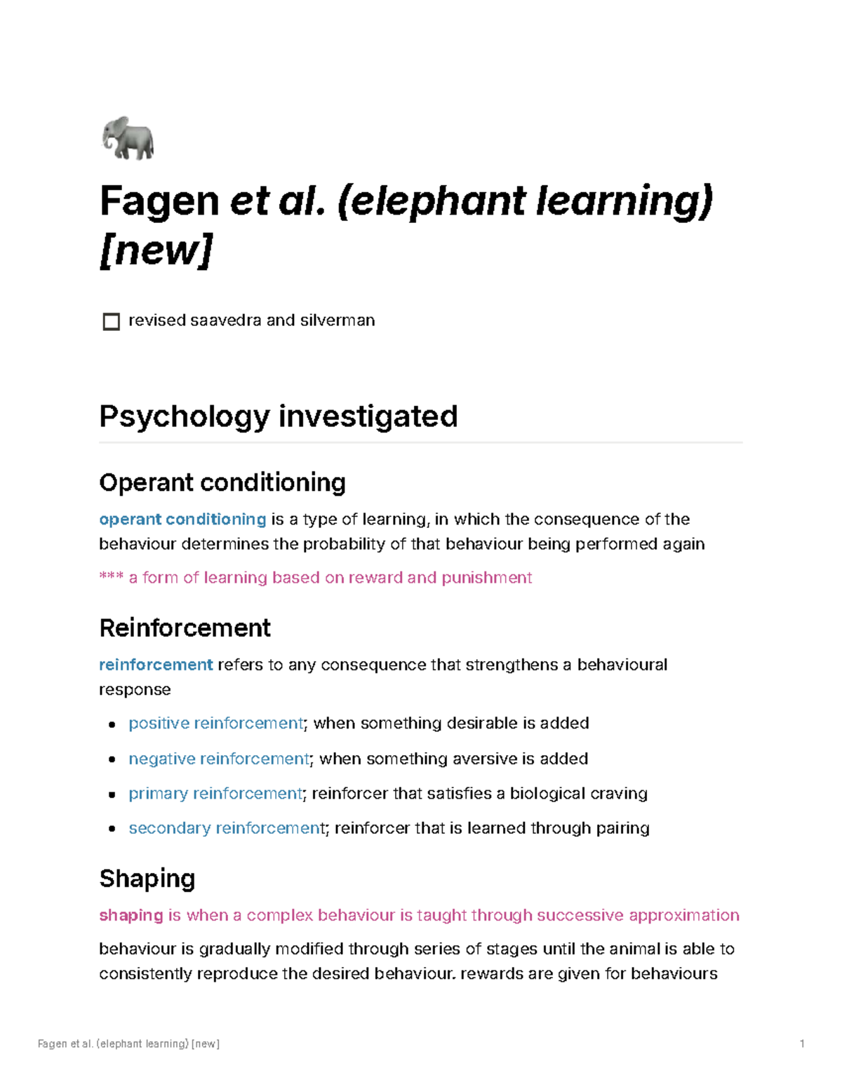 CIE 9990 Final Exam Notes on Fagen et al. (Elephant Learning) and ...