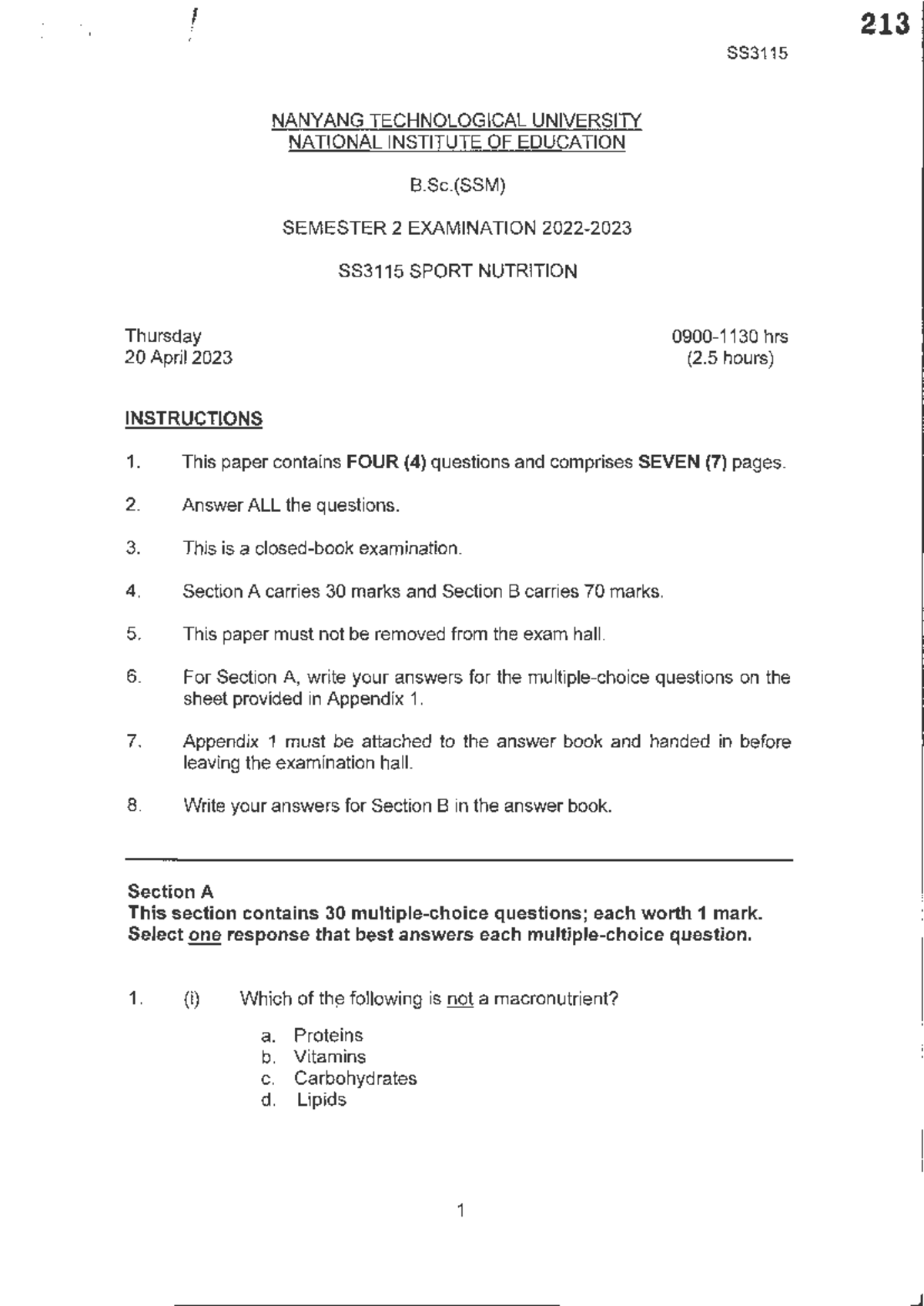 SS3115 Sport Nutrition Semester 2 Exam Paper - April 2023 - Studocu