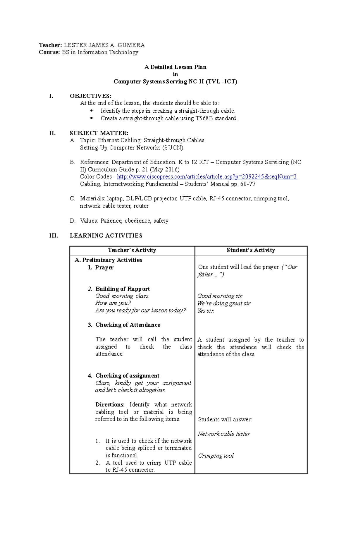 COC2 Lesson Plan on Ethernet Cable Configuration for Computer Networks ...