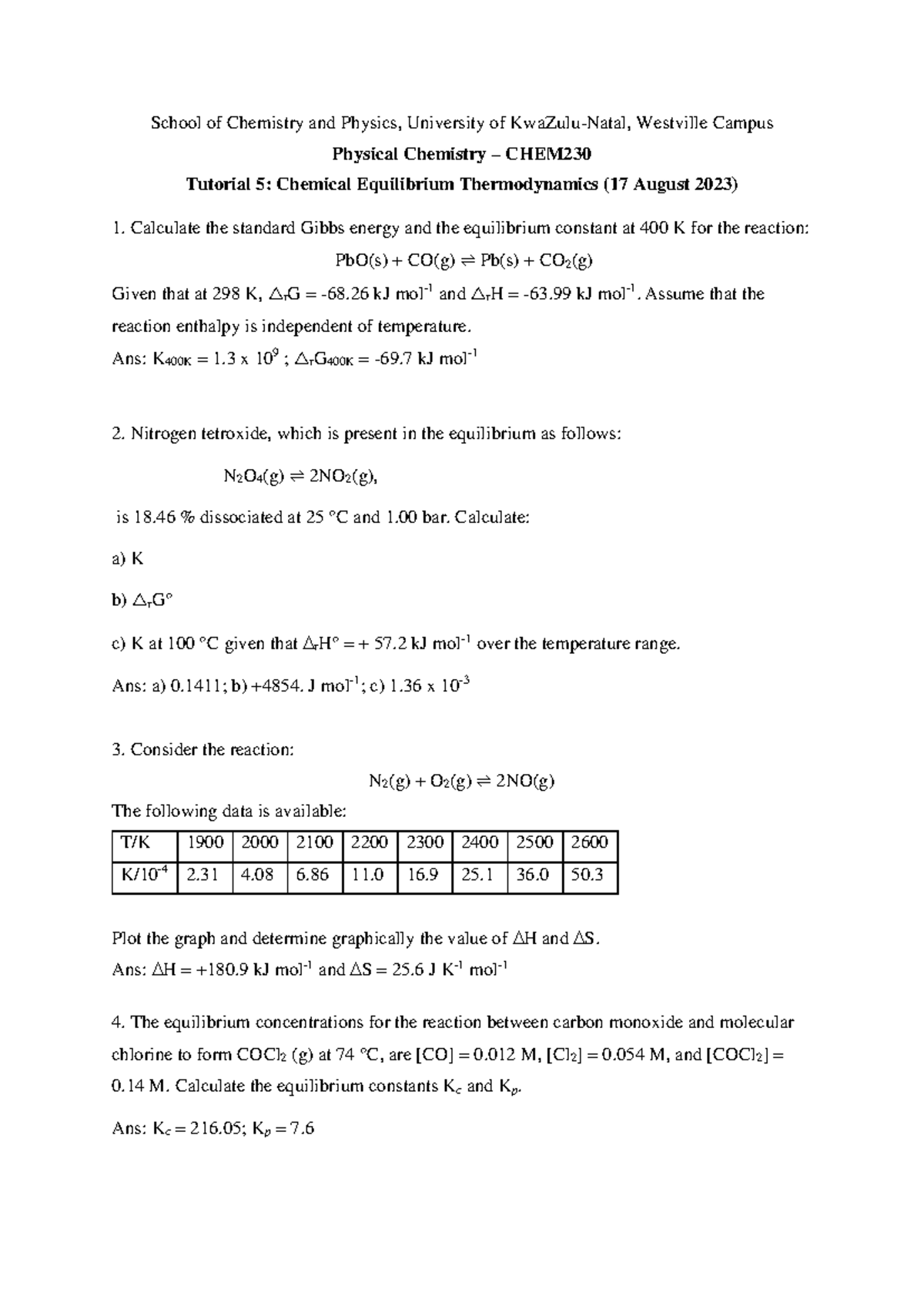 CHEM230 Tutorial 5: Chemical Equilibrium Thermodynamics - Studocu