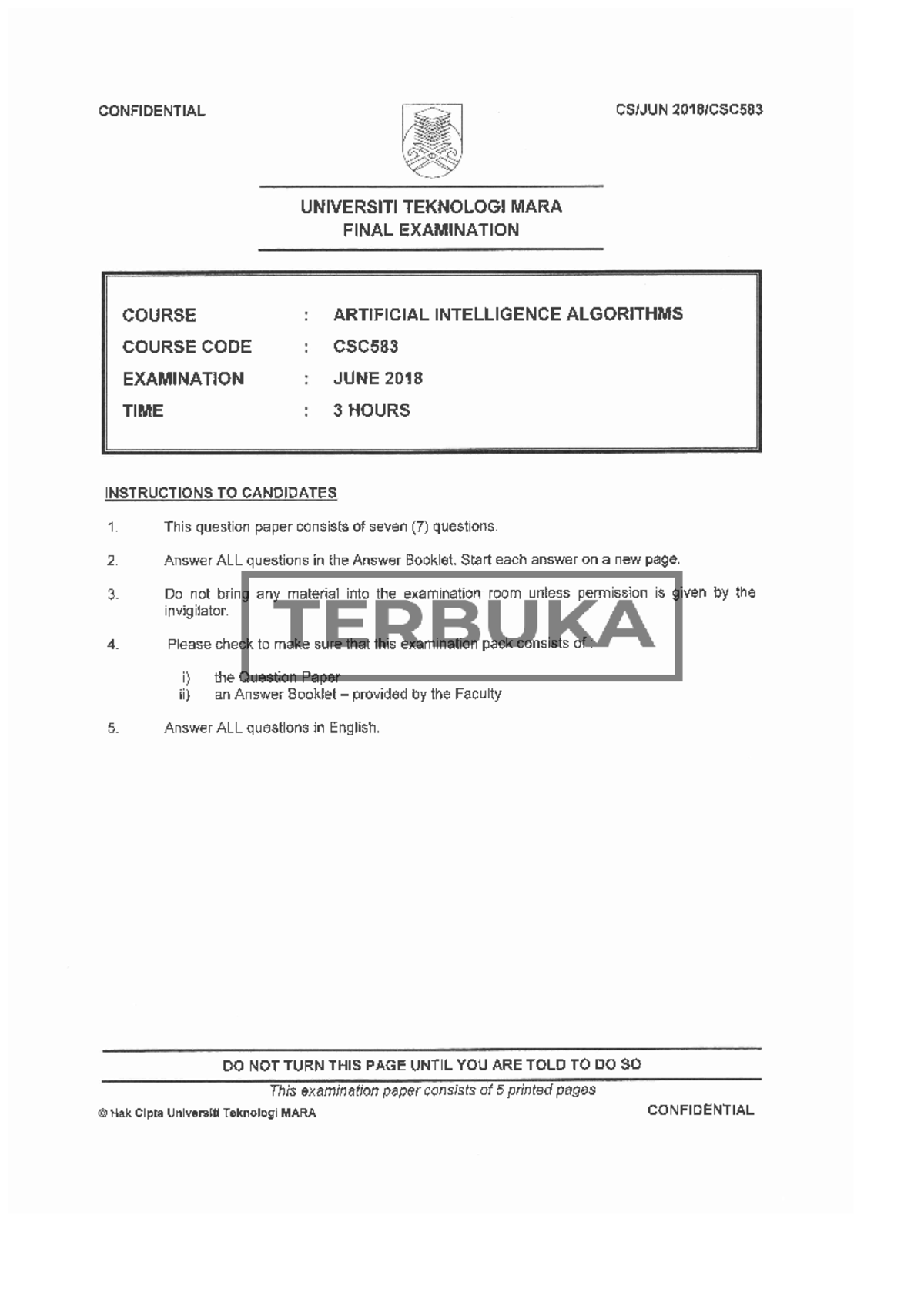 CSC583 - Final Exam on Artificial Intelligence Algorithms (June 2018 ...