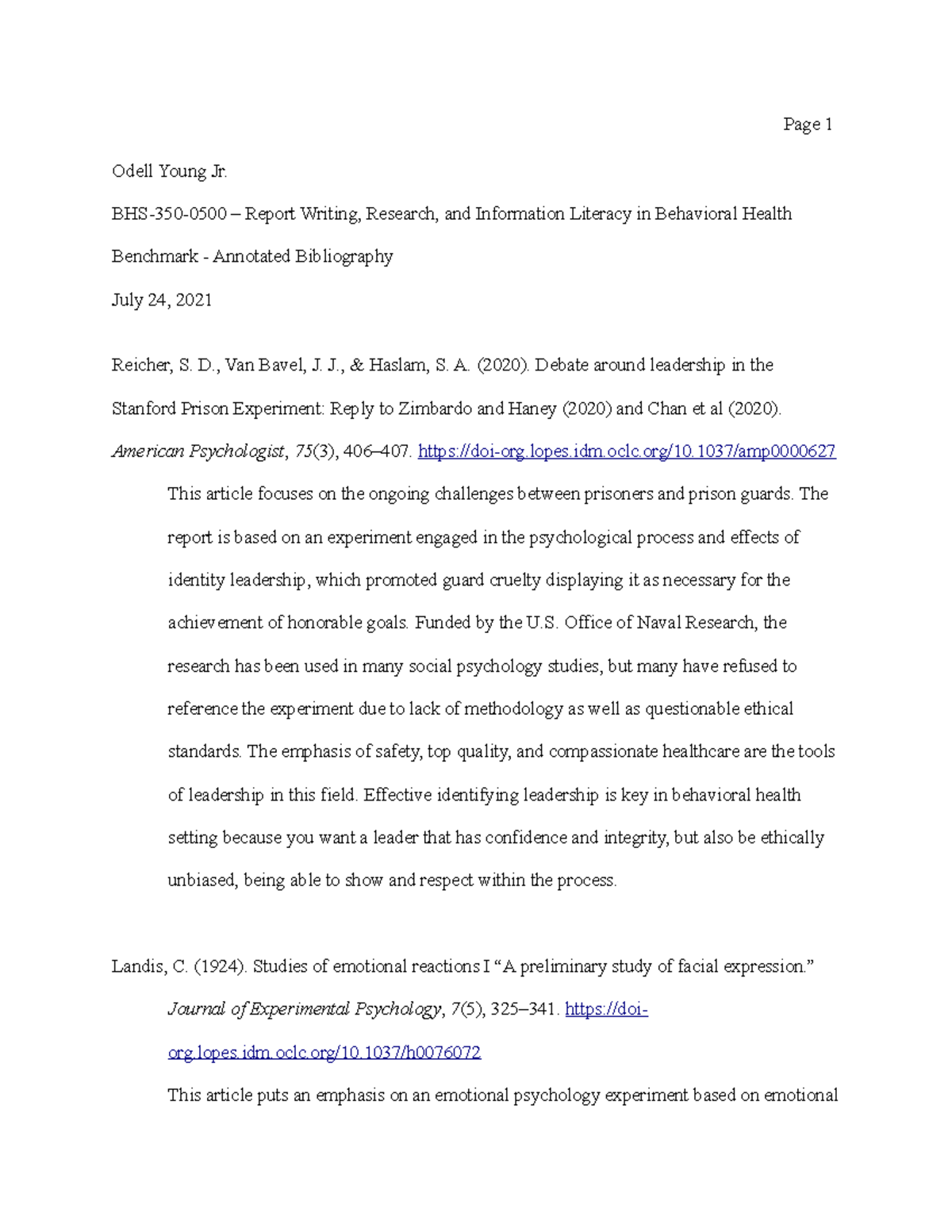 Benchmark - Annotated Bibliography - Page 1 Odell Young Jr. BHS-350 ...