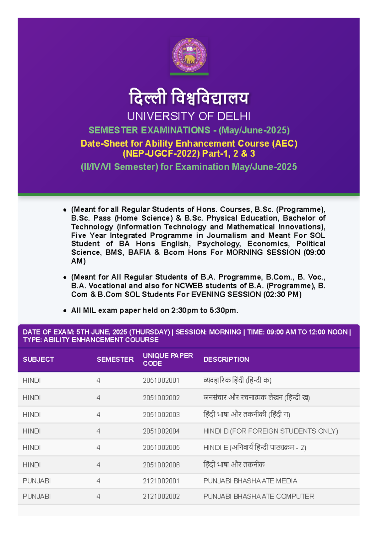 AEC - Date Sheet for Ability Enhancement Course (May/June 2025) - Studocu