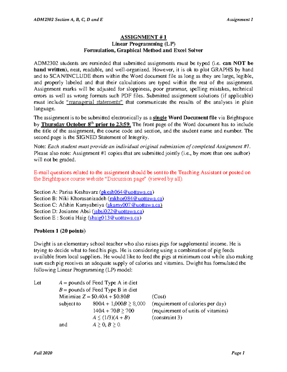 Assignment 1: Linear Programming Formulation & Excel Solver - ADM2302 ...