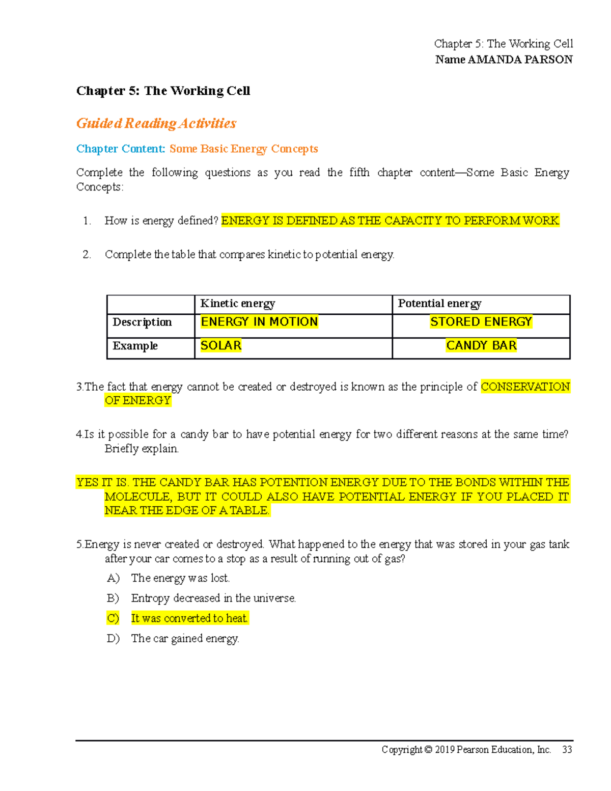 CHAPTER 5 LECTURE - Name AMANDA PARSON Chapter 5: The Working Cell ...