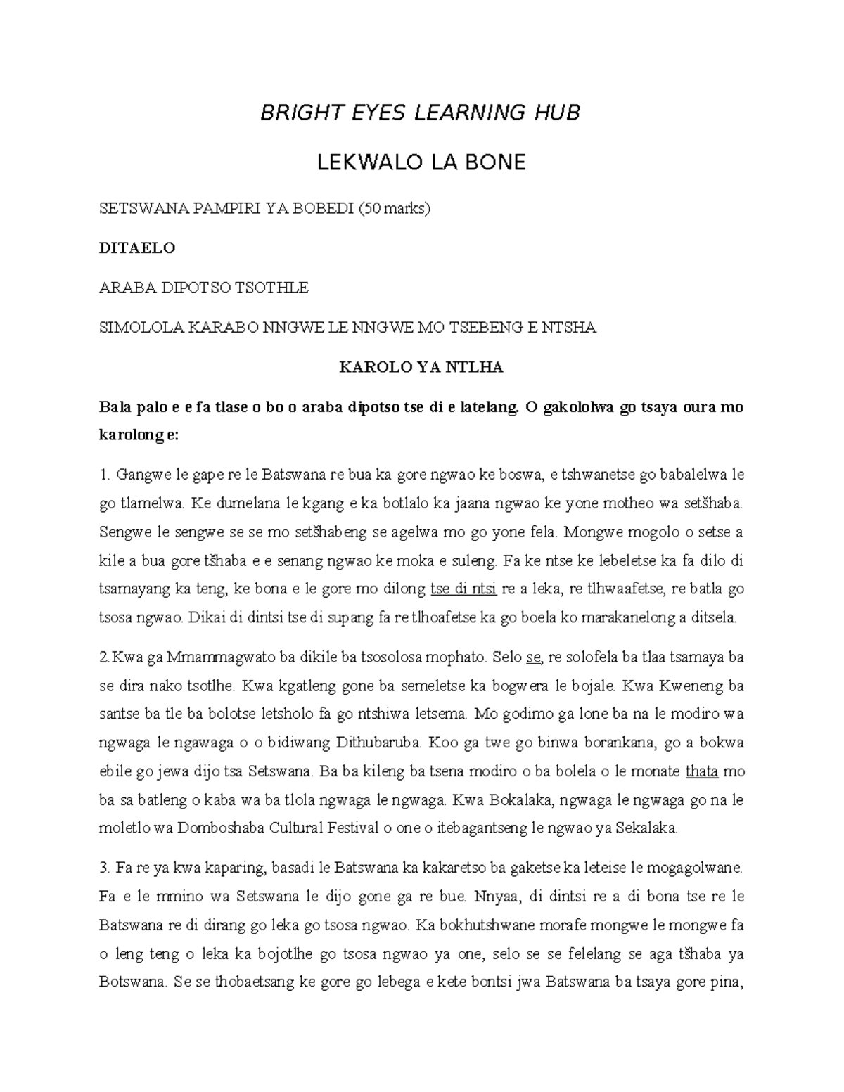 Setswana Paper 2 Form 4 - Ngwao le Boitshupo - Studocu