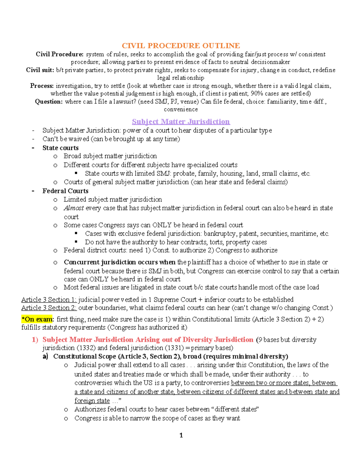 CIVIL PROCEDURE OUTLINE (CIV 101) - Key Concepts and Jurisdiction - Studocu