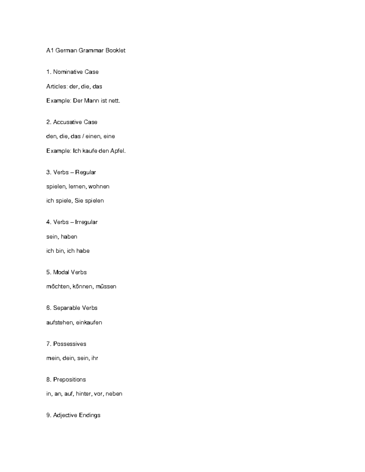 A1 German Grammar Booklet: Nominative & Accusative Cases - Studocu