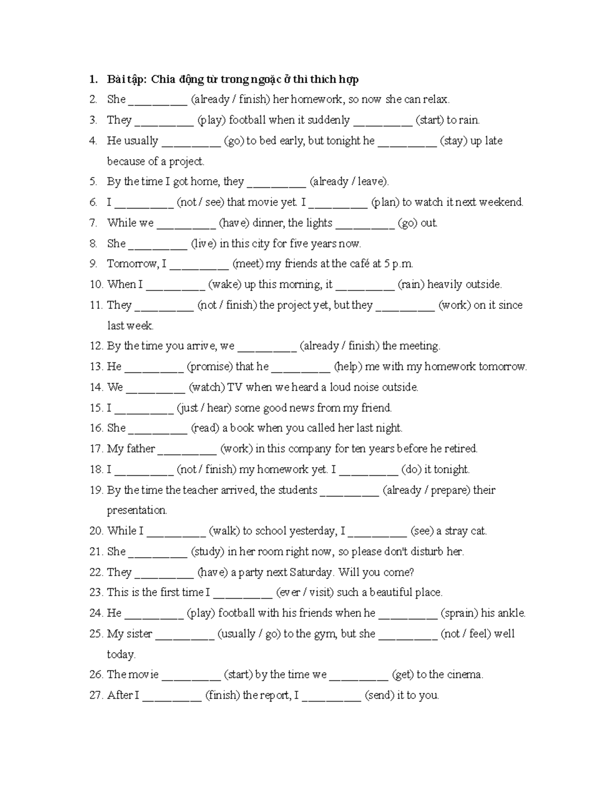 Bài tập: Chia thì và Câu bị động trong tiếng Anh - Studocu