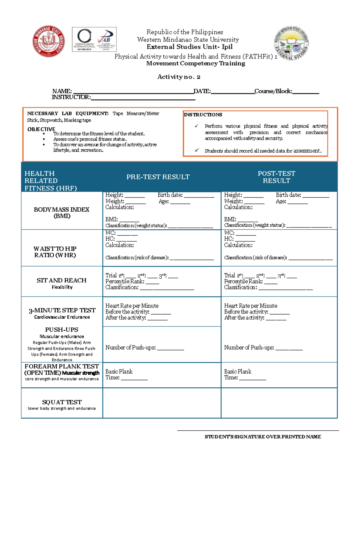 PATHFit 1 Movement Competency Training Activity: Fitness Assessment ...