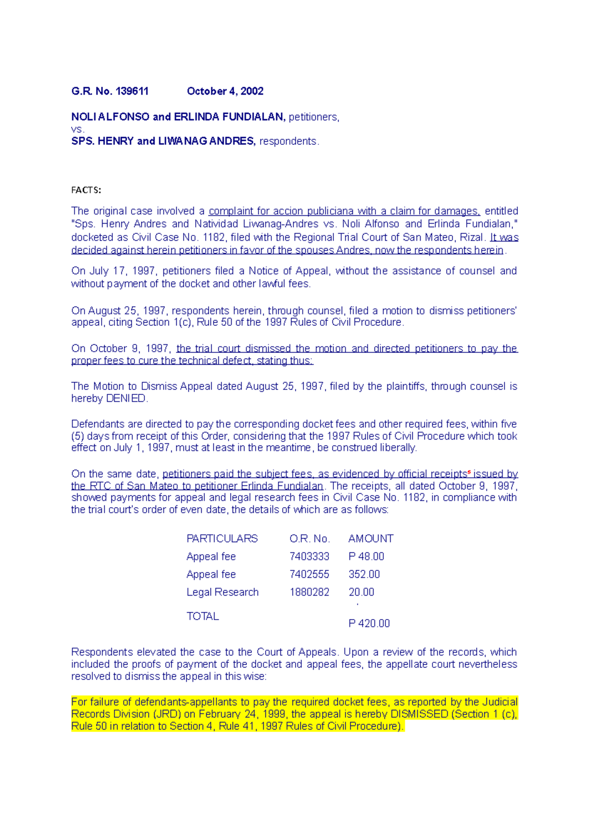 Alfonso v. Andres G.R. No. 139611: Docket Fees and Appeal Issues - Studocu