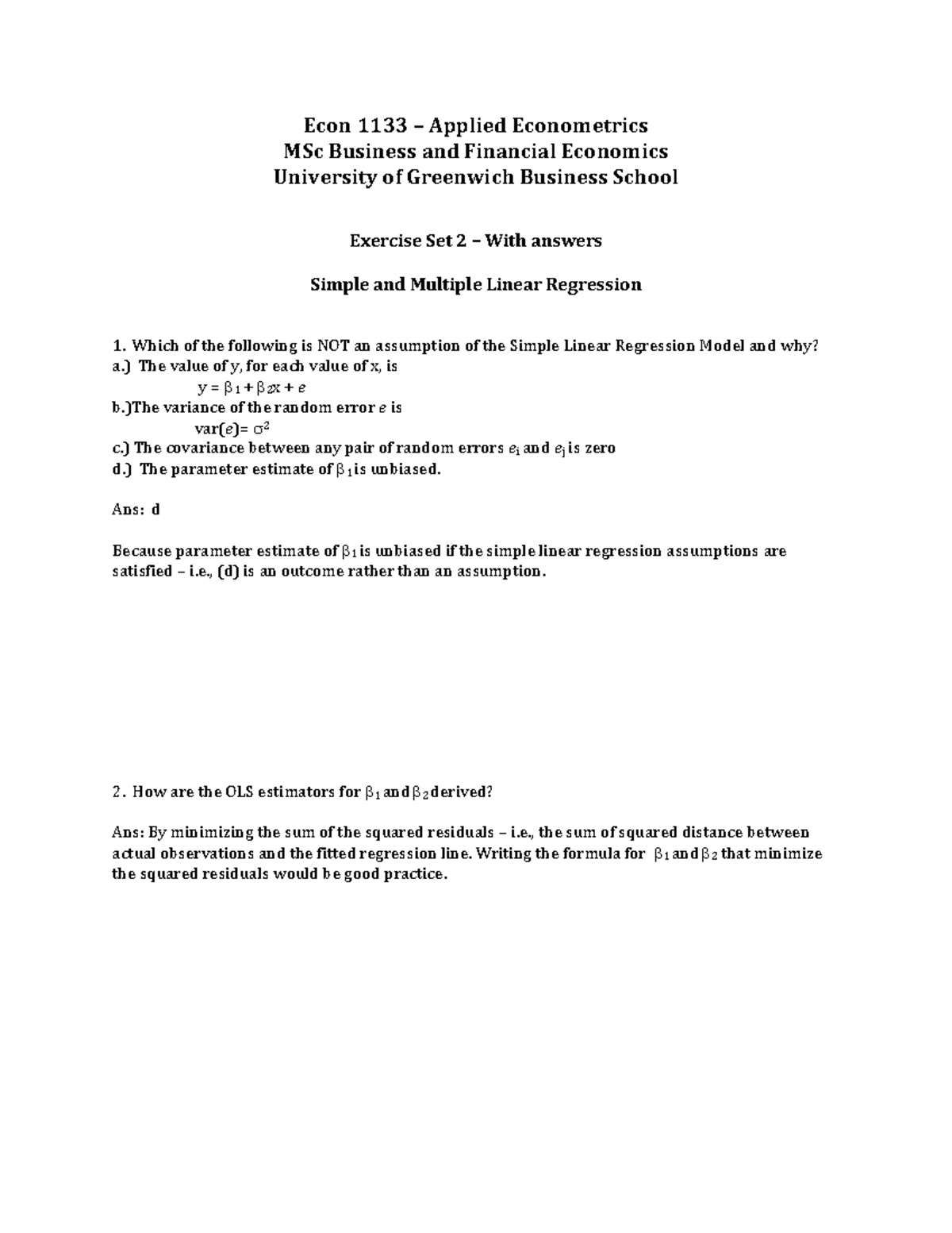 Econ 1133: Exercise Set 2 with Answers on Linear Regression - Studocu