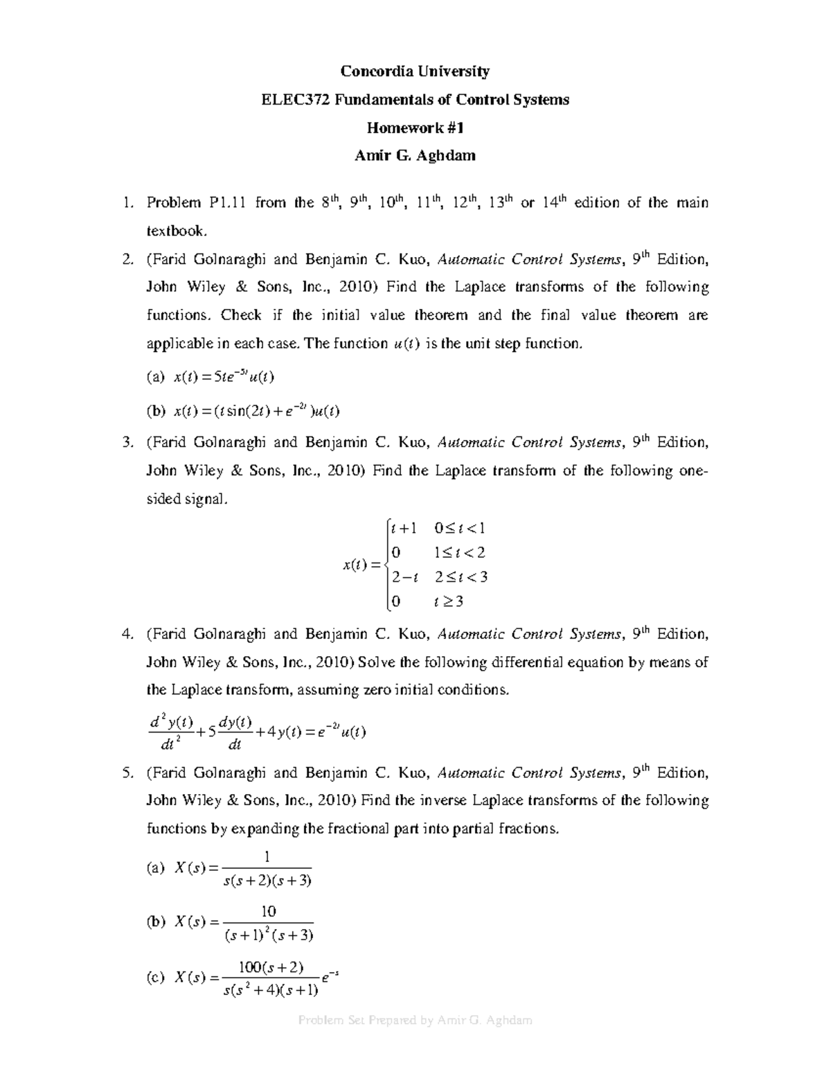 HW1 ELEC372 Control Systems: Laplace Transforms & Theorems - Studocu