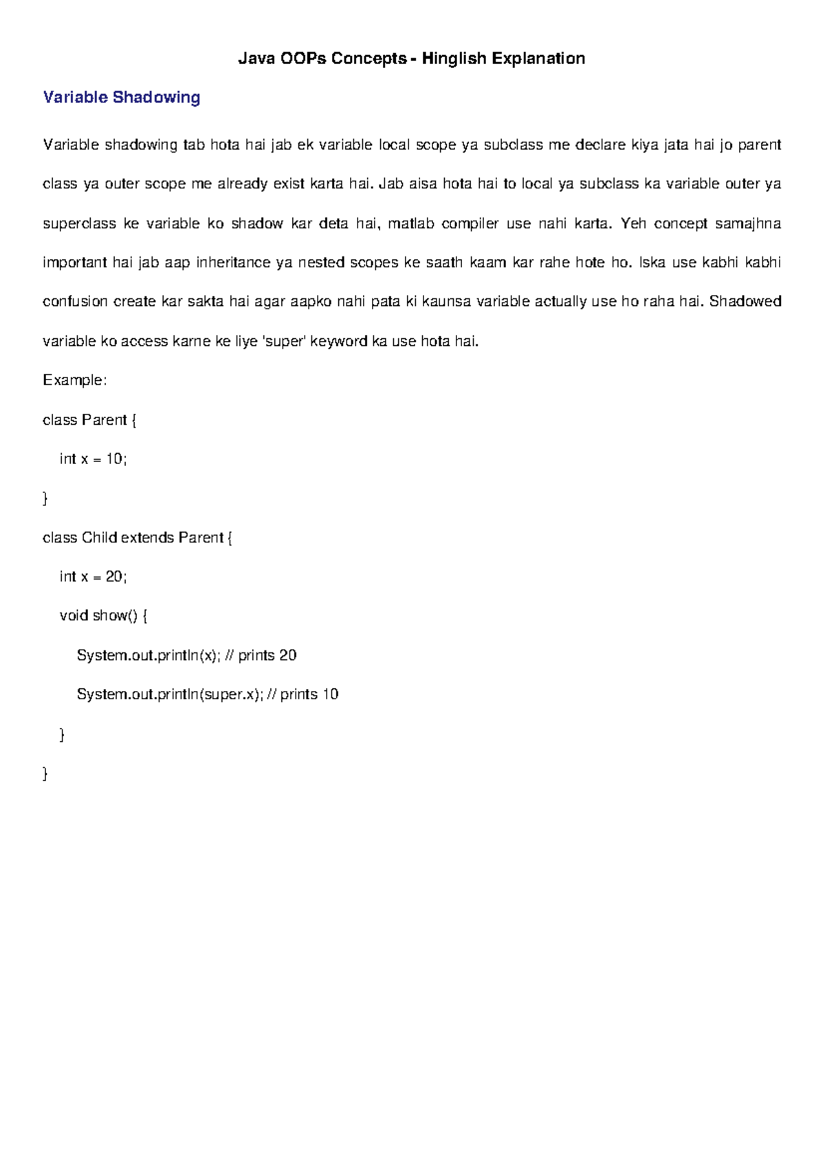 Java OOPs Concepts - Variable Shadowing Explained in Hinglish - Studocu