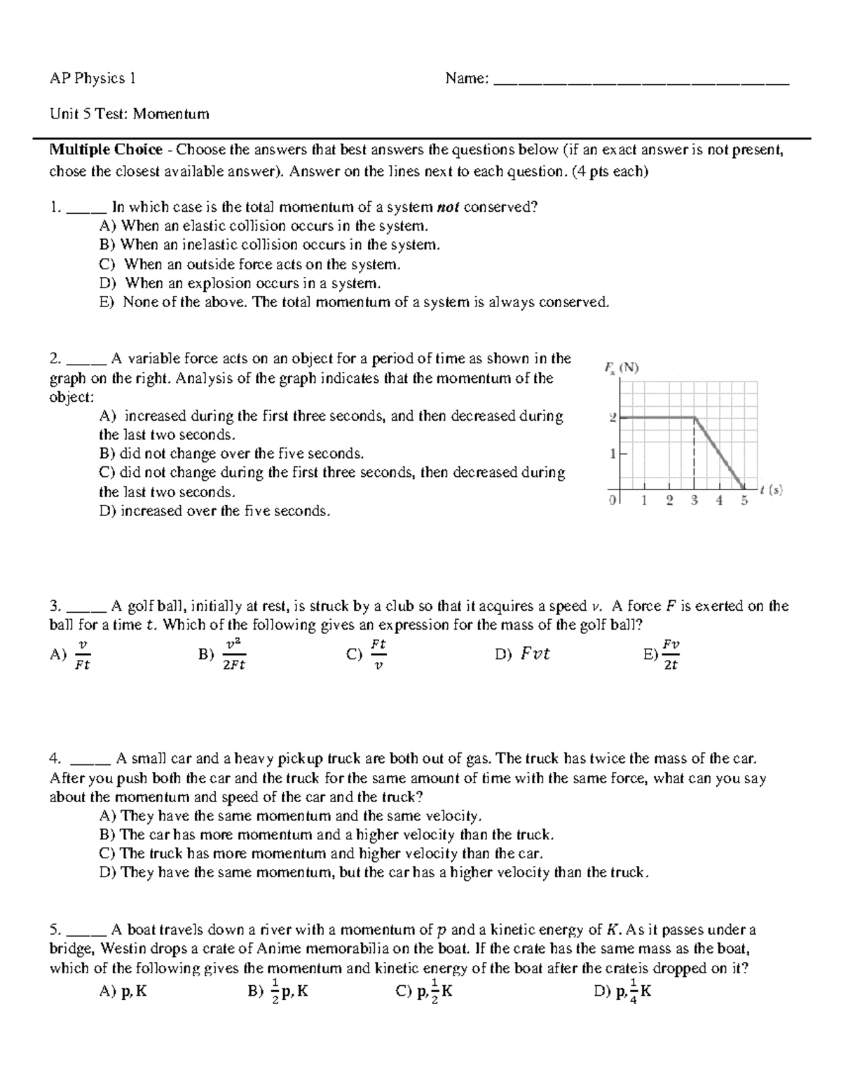 AP Physics 1: Unit 5 Test - Momentum Practice Questions - Studocu