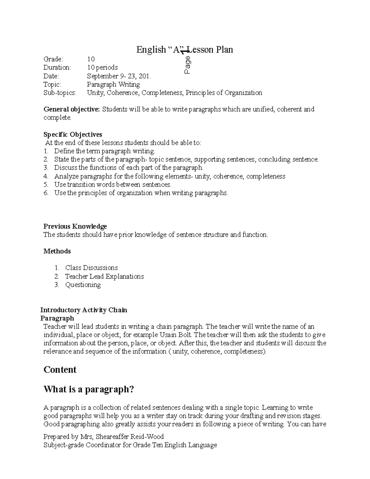 Writing A Paragraph Lesson Plan